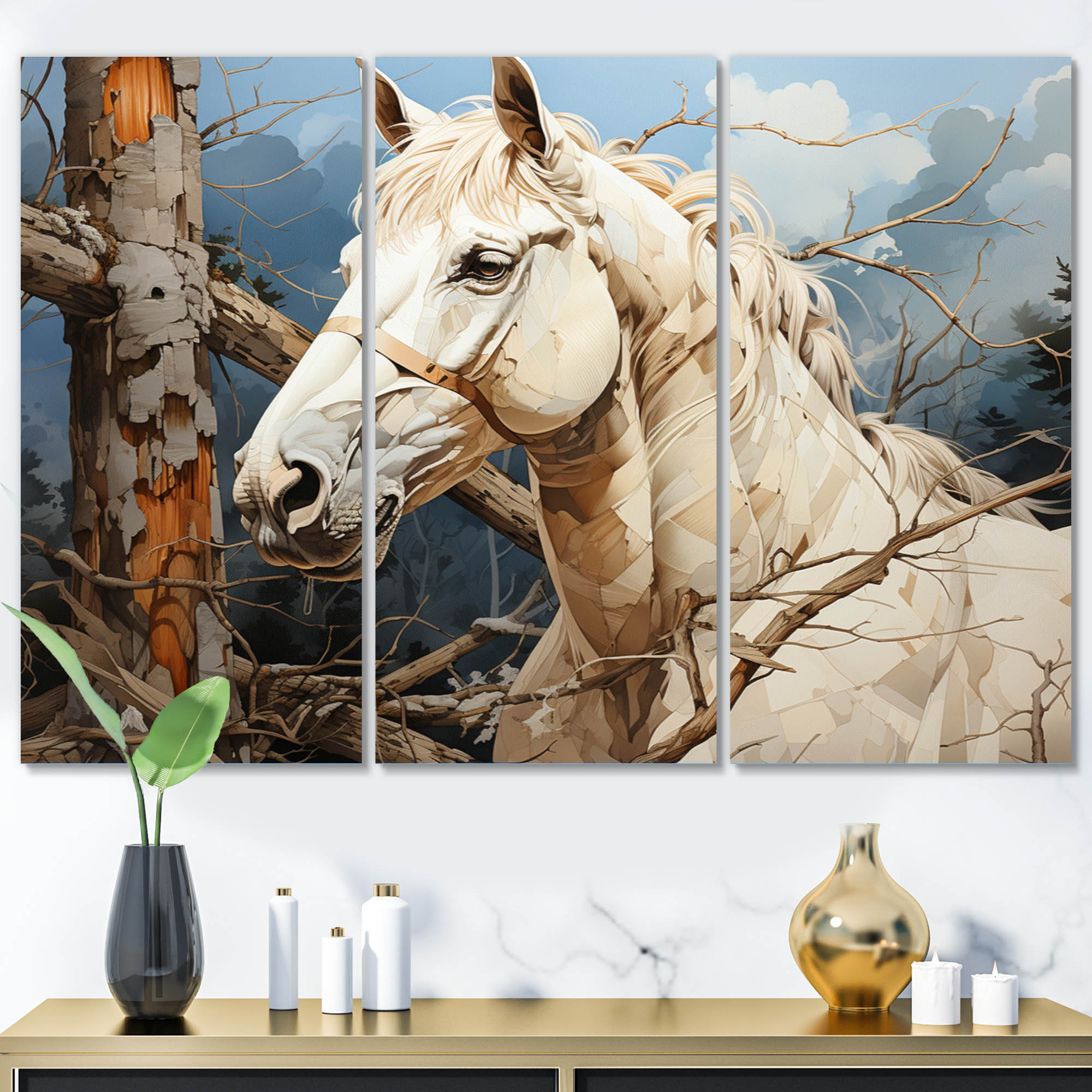 Gracie Oaks Beige Horse Spirit Of Equus On Canvas 3 Pieces Print - Wayfair Canada